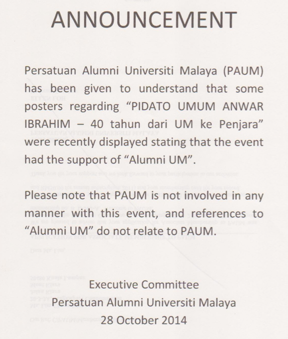 PAUM Announcement (28 October 2014) | Persatuan Alumni UM